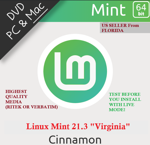 Linux Mint 21.3 "Virginia" Cinnamon Live DVD Bootable x86-64 US Seller ...