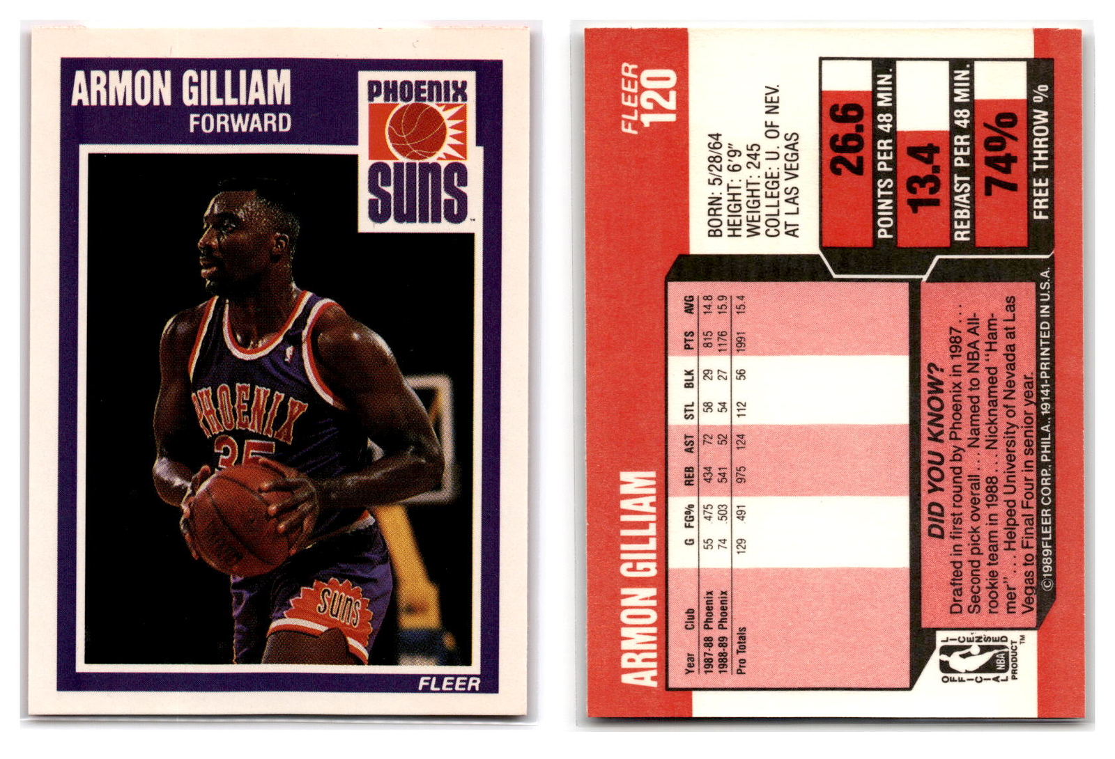 1989-90 Fleer Basketball #120 Armon Gilliam - Phoenix Suns | eBay
