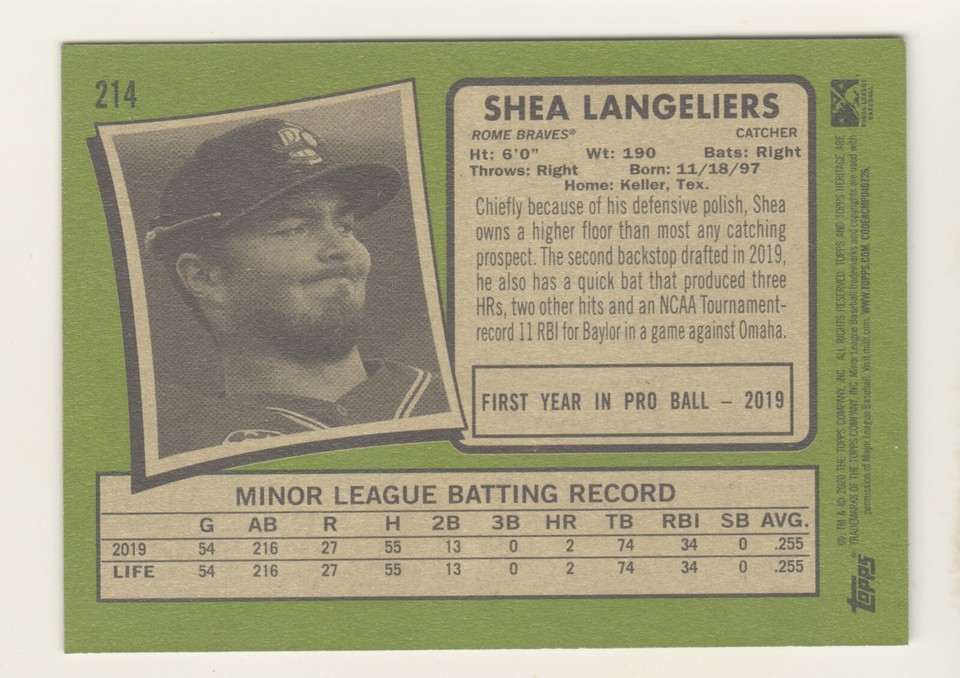 2020 Topps Heritage Minors HIGH NUMBER SP #214 SHEA LANGELIERS RC ...