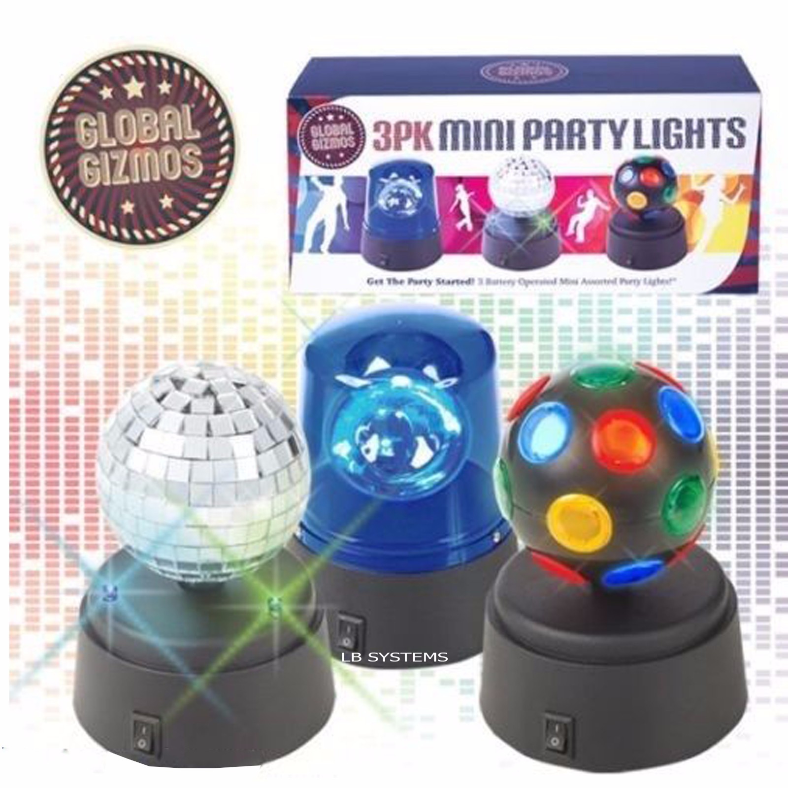 Pack of 3 Mini Party Light Set Mirror Disco Ball Fuzz Lights Christmas ...