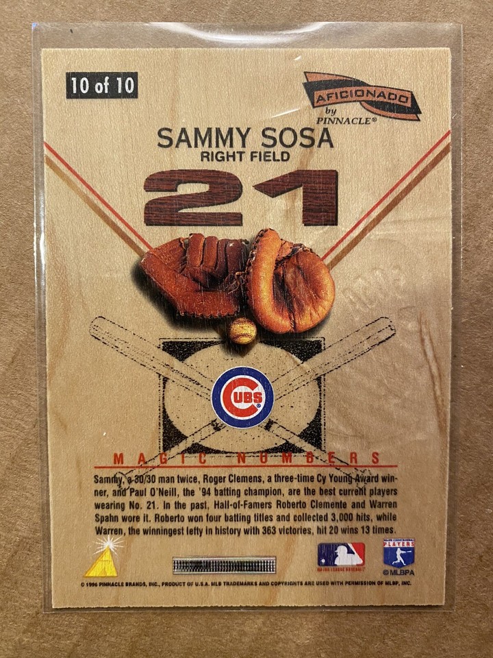 RARE INSERT 1996 SAMMY SOSA Pinnacle WOOD CARD Aficionado Magic Numbers ...