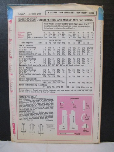 Simplicity Pattern 8667 Mini Pantdress Size Junior Petite 11 Uncut ...