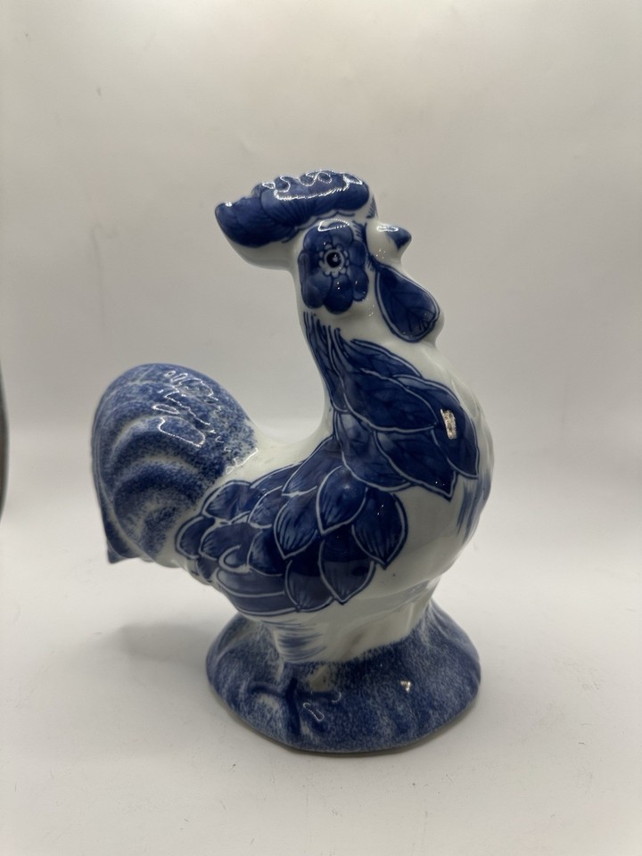 Blue White Porcelain Rooster Figurine Farmhouse Country Kitchen Decor ...