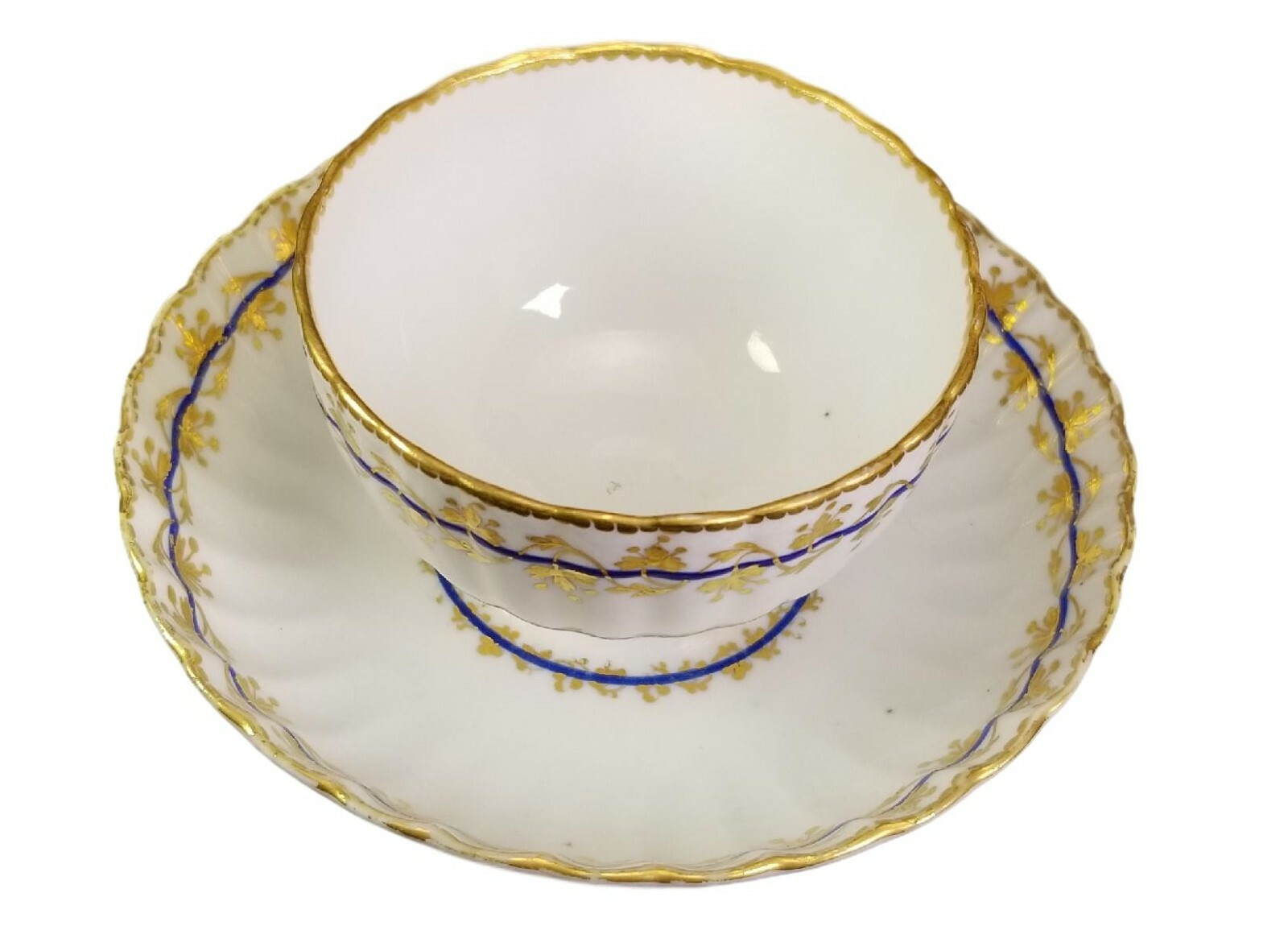 Early Derby 18th Century Fluted Gold and Blue Bowl Cup and Saucer Puce ...