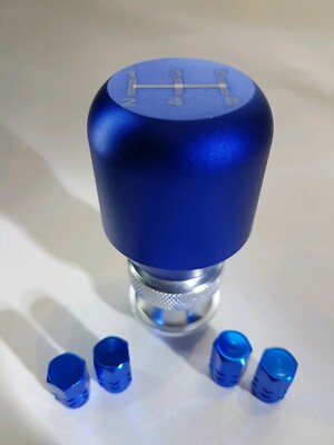 Blue metal gear knob shifter plus hexagonal tyre valve caps gift pack ...