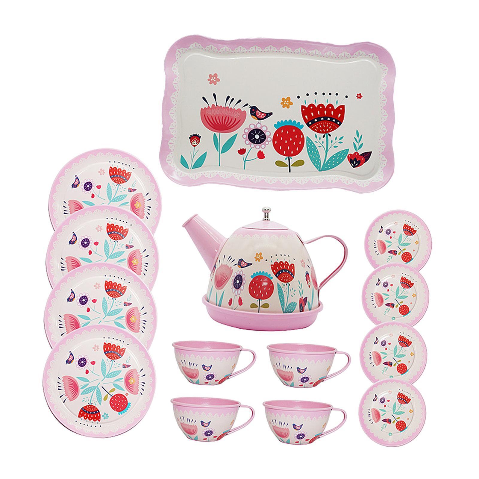 Kids Tea Set Role Play Educational Teapot Cups Tray Metal Pretend Play ...