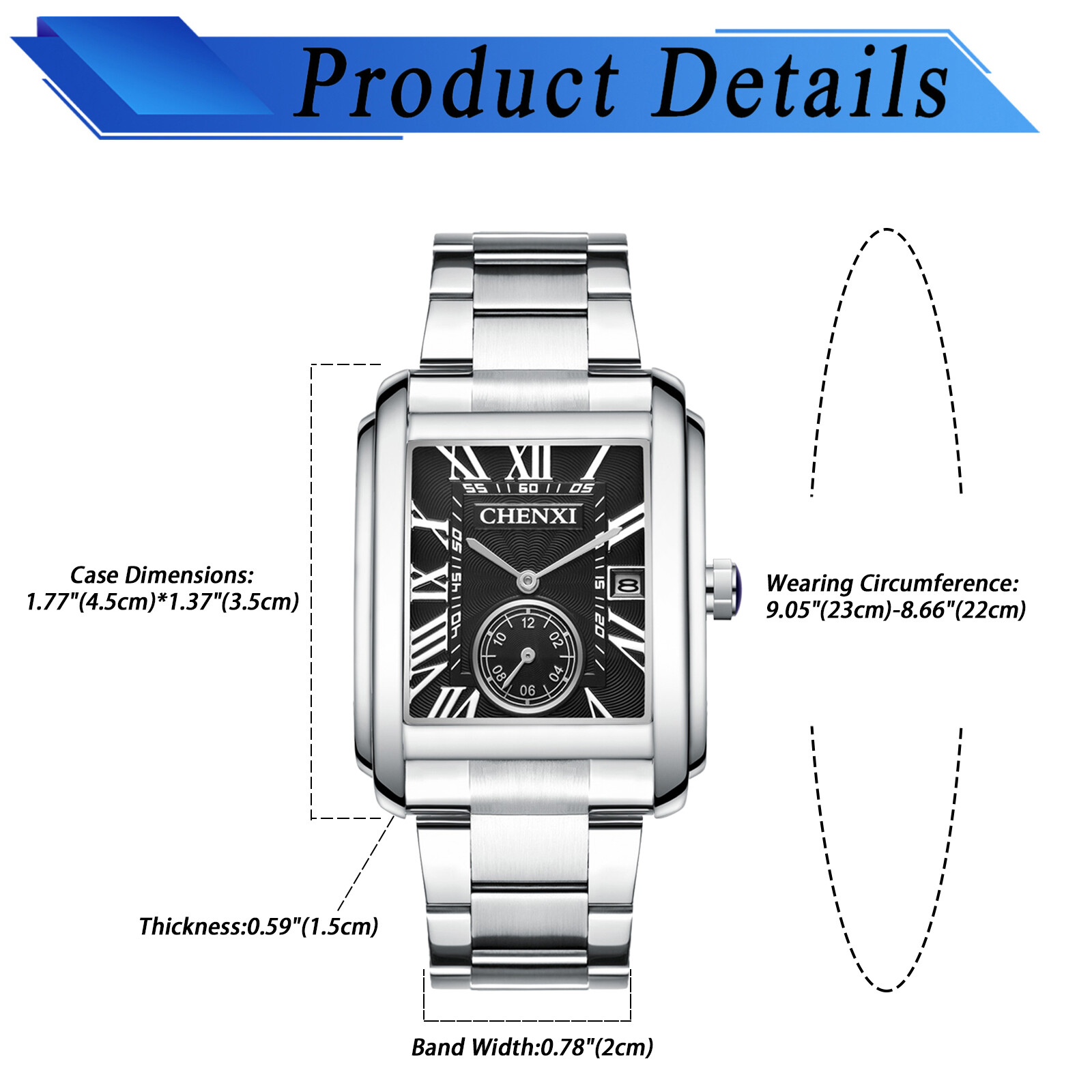Mens Waterproof Rectangle Watch Roman Numerals Dial Quartz Date ...
