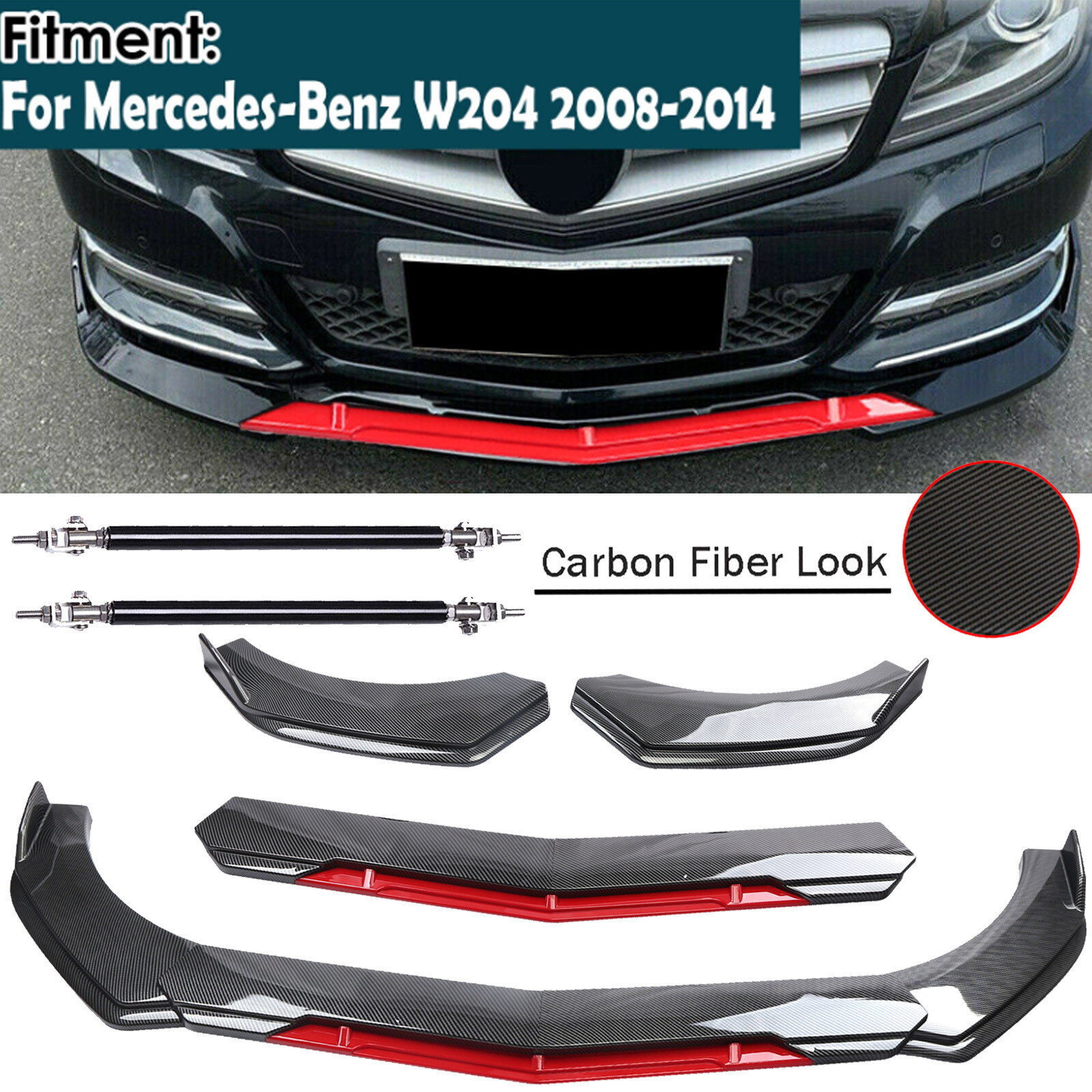 For Mercedes C300 C180 Front Bumper Lip Splitter Spoiler+Strut Rods ...