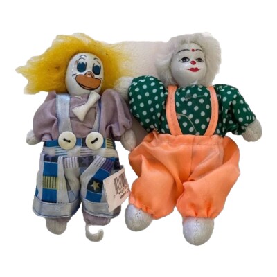 2 Vtg Small Clown Dolls Porcelain Head Bean Bag Body 4.75 Inches Creepy ...