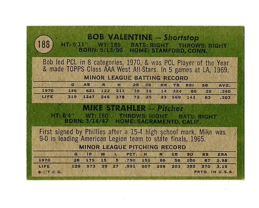 1971 TOPPS LOS ANGELES DODGERS BOB VALENTINE # 188 EXMT ROOKIE | eBay