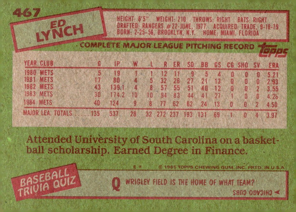 1985 Topps #467 Ed Lynch - New York Mets | eBay