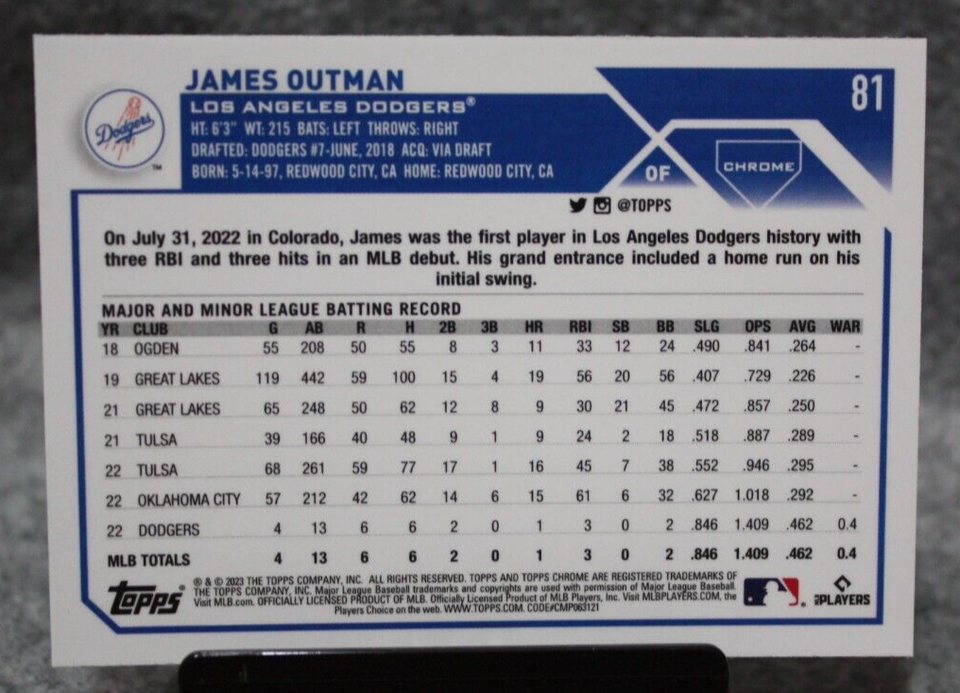 2023 Topps Chrome JAMES OUTMAN Base RC #81 Dodgers | eBay