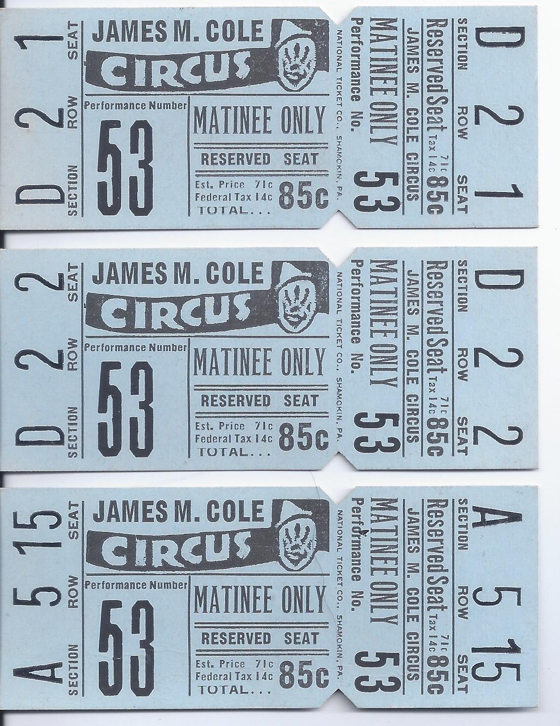 1956 JAMES M COLE CIRCUS MATINEE TICKET TRIO | eBay