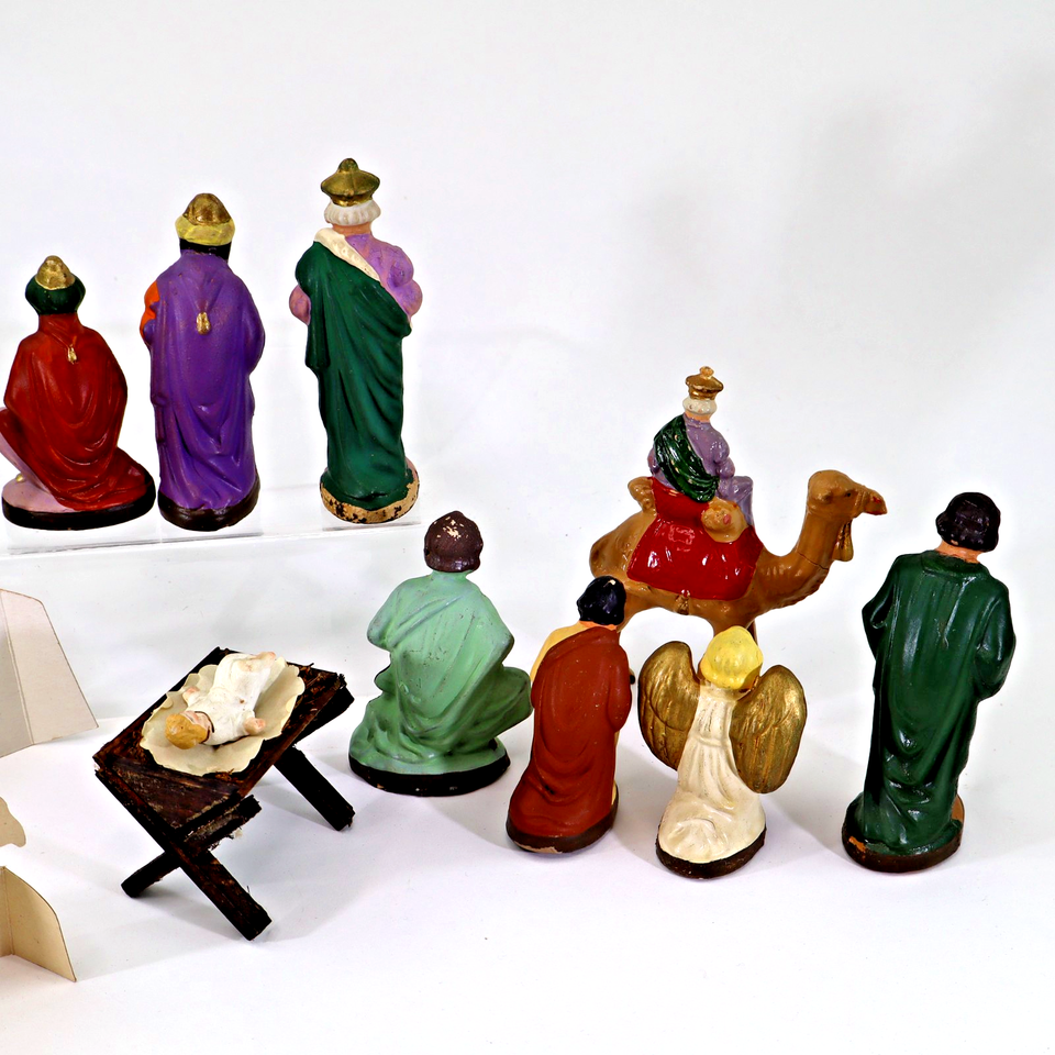 14 pc Antique Germany Elastolin Nativity Scene composition & paper Lot ...