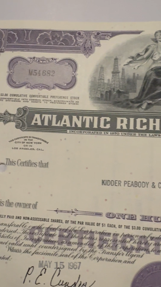 ⛽ 1960s Atlantic Richfield Stock Certificate Purple ARCO Oil Vintage ...
