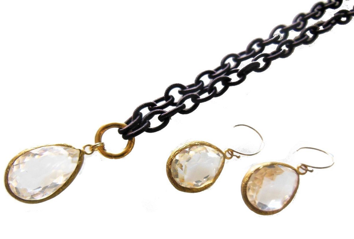 NEW: Clear Crystal Pendant & Earrings, Brown Silk Chain- Cool Clasp ...