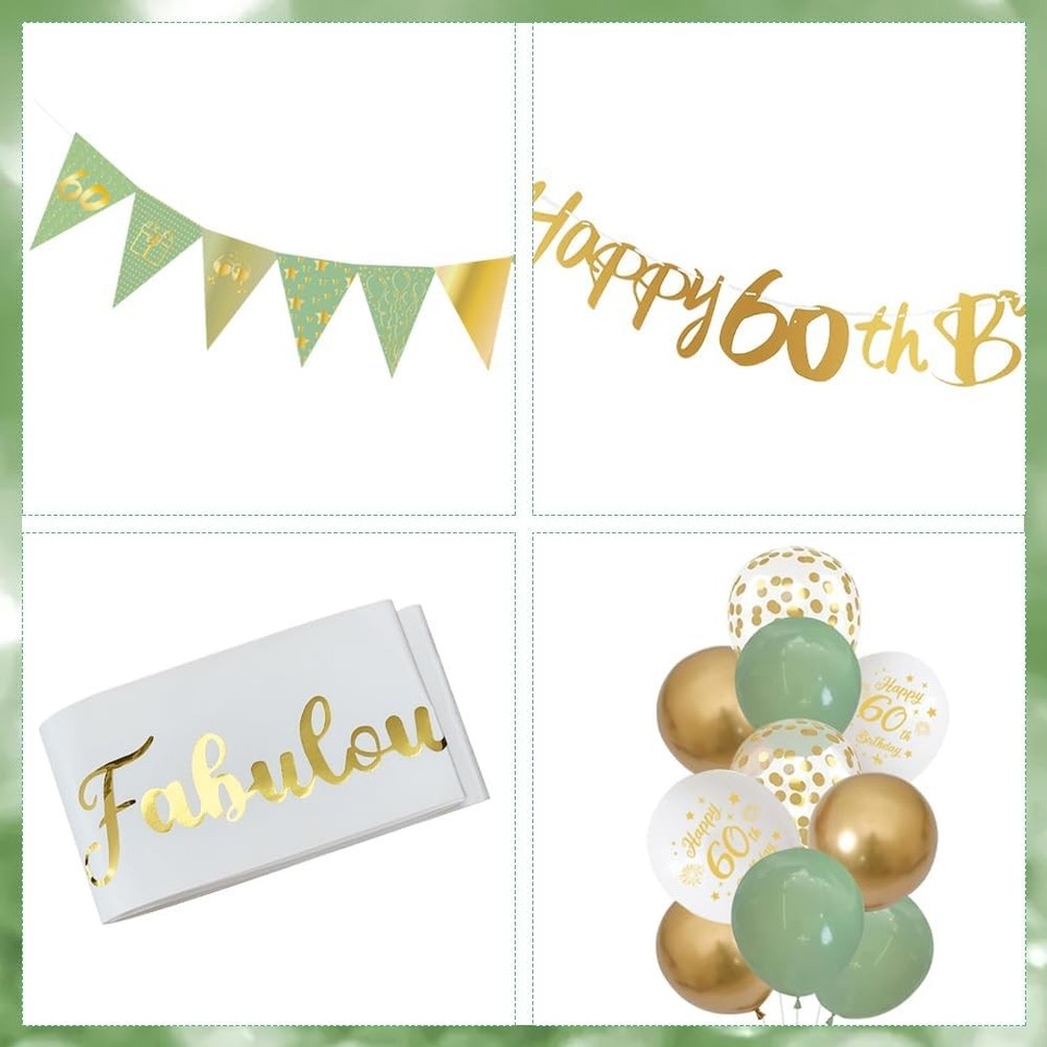 Sage Green Gold White 60th Birthday Banners, Balloons, Cake Topper ...