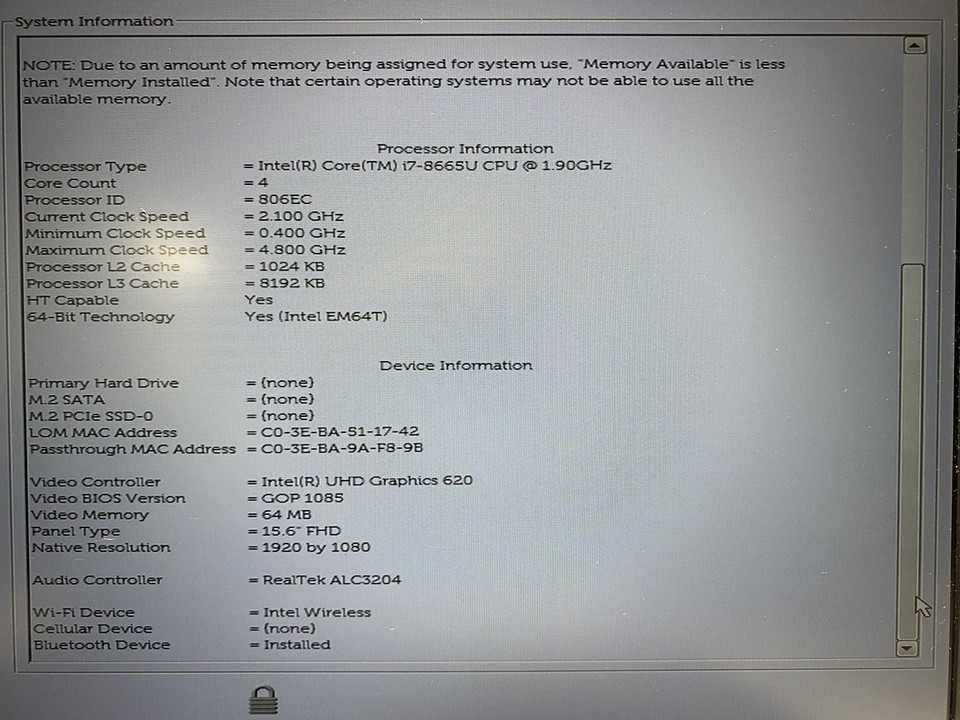 Dell Latitude 5500 15.6" Core i7-8665U 1.9GHz 16GB RAM NO SSD/OS *BIOS ...
