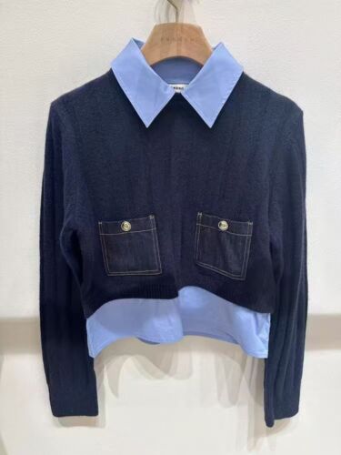 Sandro Women's Color contrast lapel Symmetrical pocket Fake two sweater ...