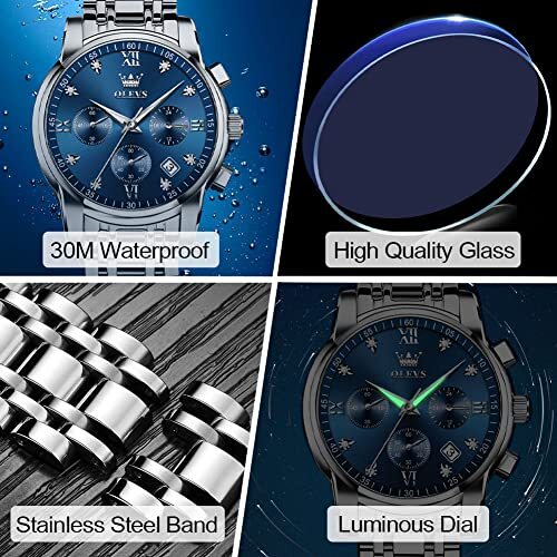 Men's Diamond Watches Blue Dial Roman numerals Chronograph Watches for ...