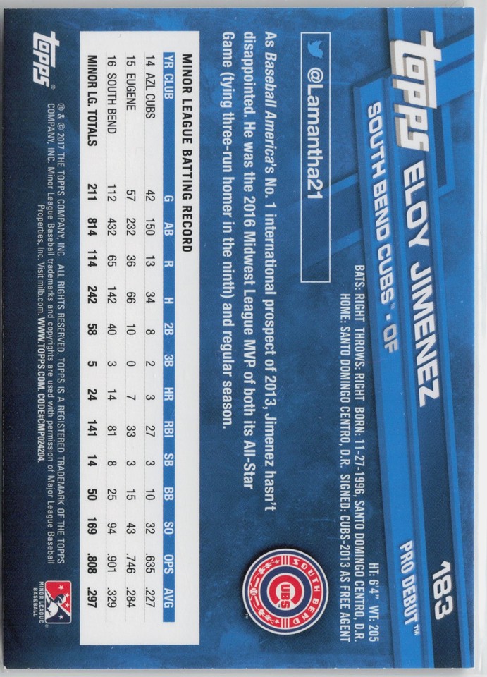 2017 Topps Pro Debut #183 Eloy Jimenez SOUTH BEND CUBS | eBay
