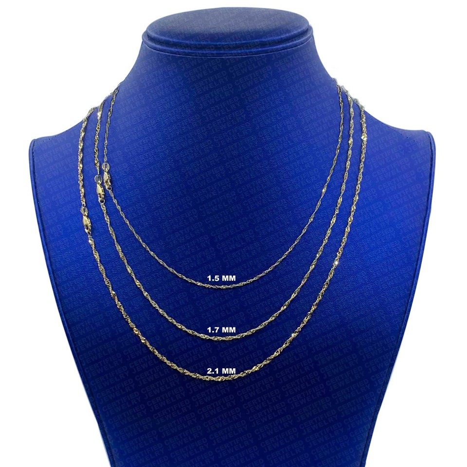Solid 14K Yellow Gold Singapore Rope Chain Necklace, 1.5mm - 2.1mm Wide ...
