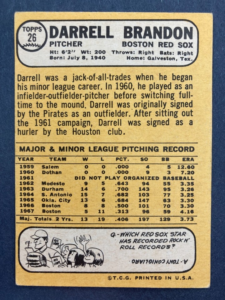 1968 Topps #26 Darrell Brandon (Boston Red Sox) | eBay