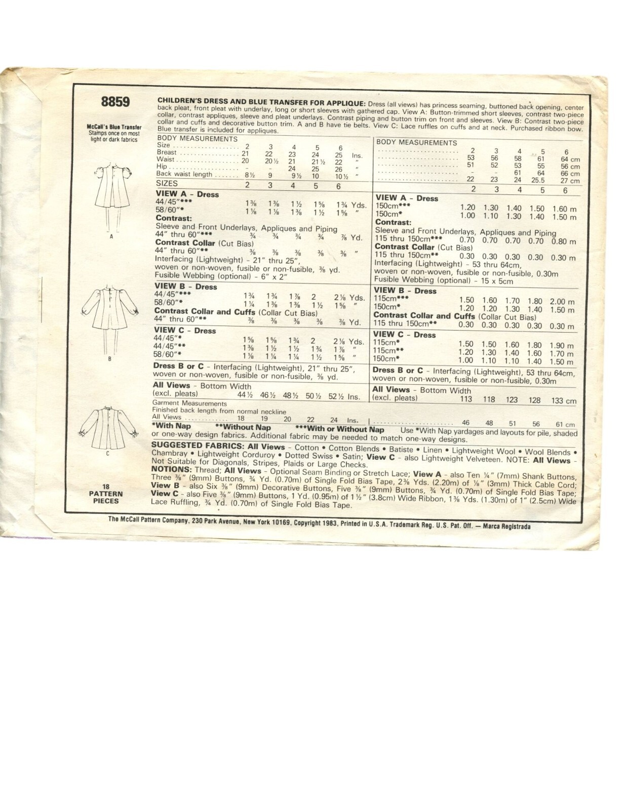 McCalls 8859 Childs Dress Sewing Pattern Size 2 Nanette Design 1983 Vintage UNCU | eBay