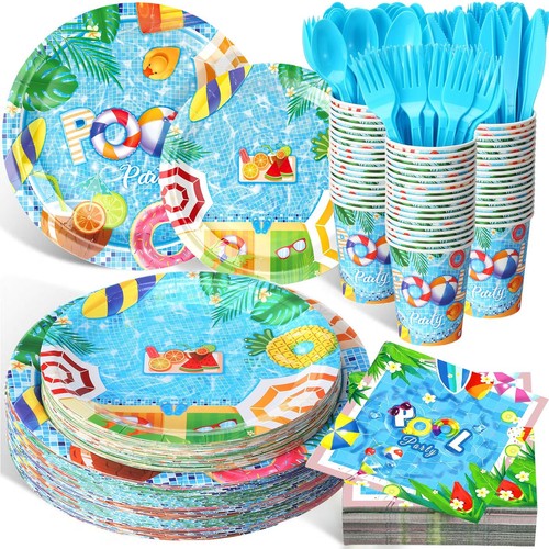 400 Pcs Pool Party Supplies for 50 Guests Summer Pool Disposable Plates ...