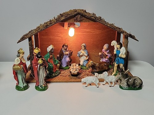 Vintage Nativity Set Hand Painted Paper Mache Music Box Manger Light ...