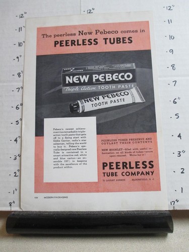 magazine ad 1935 PEERLESS Tube Co Bloomfield NJ Pebeco toothpaste box ...