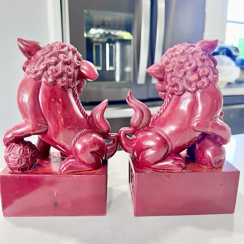 Set Of Vintage Asian Chinese Foo Dog Cinnabar Red Heavy 7” Resin Figure ...