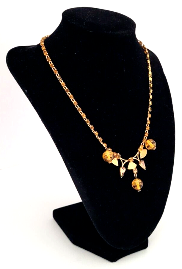 Vintage Leo Glass Designer Amber Glass Rhinestone Necklace And Earrings ...