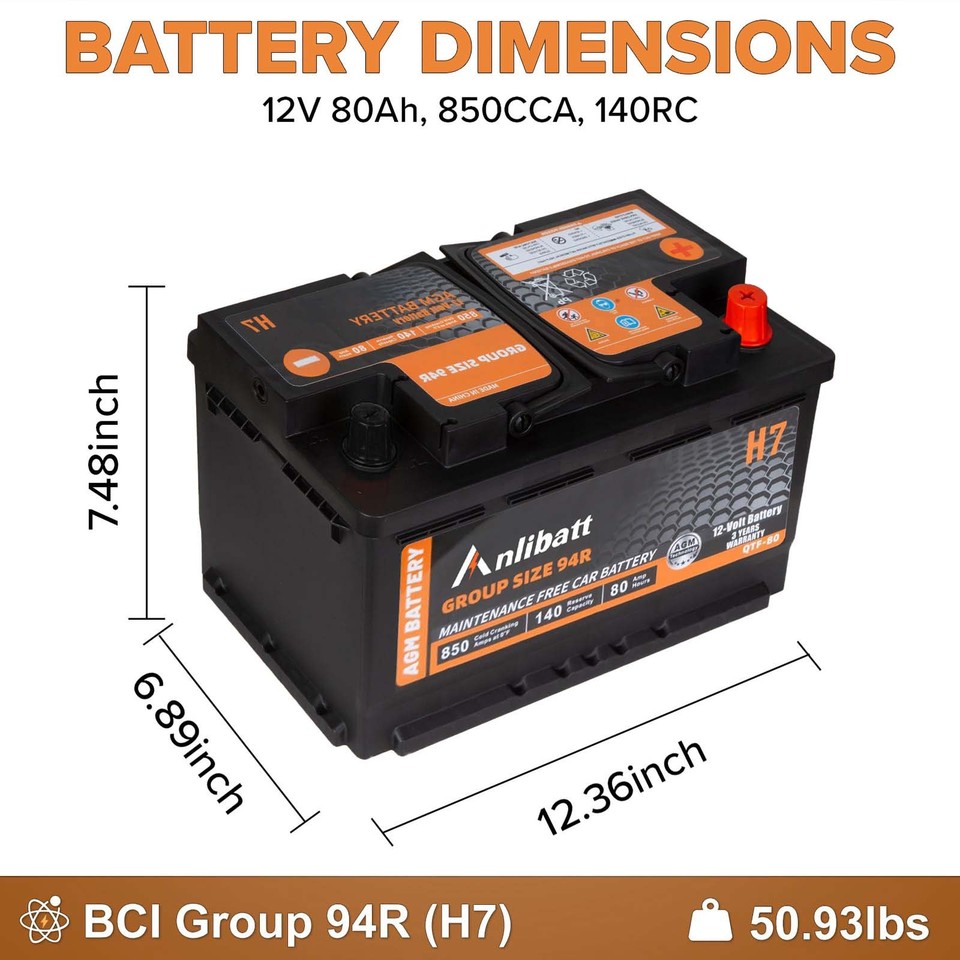 Car Battery Start Stop AGM Group 94R Size H7 12V 80Ah 850CCA 140RC ...