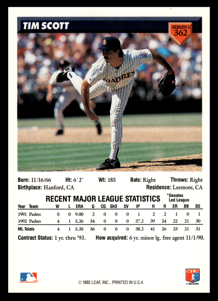 1993 Leaf Donruss Tim Scott #362 San Diego MLB Baseball | eBay