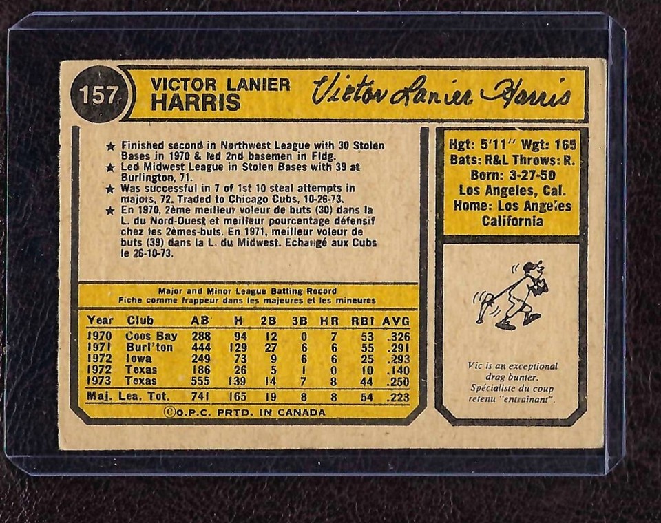 1974 O-Pee-Chee, OPC, #157 Vic Harris, Chicago Cubs, VG-EX, Rare! | eBay