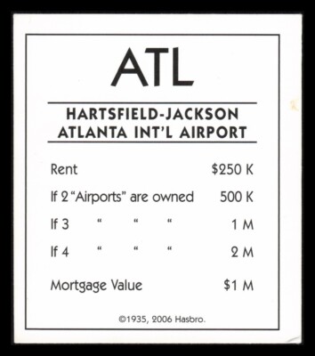 Hasbro Monopoly Hartsfield-Jackson Atlanta Int'l Airport GA Title Deed ...