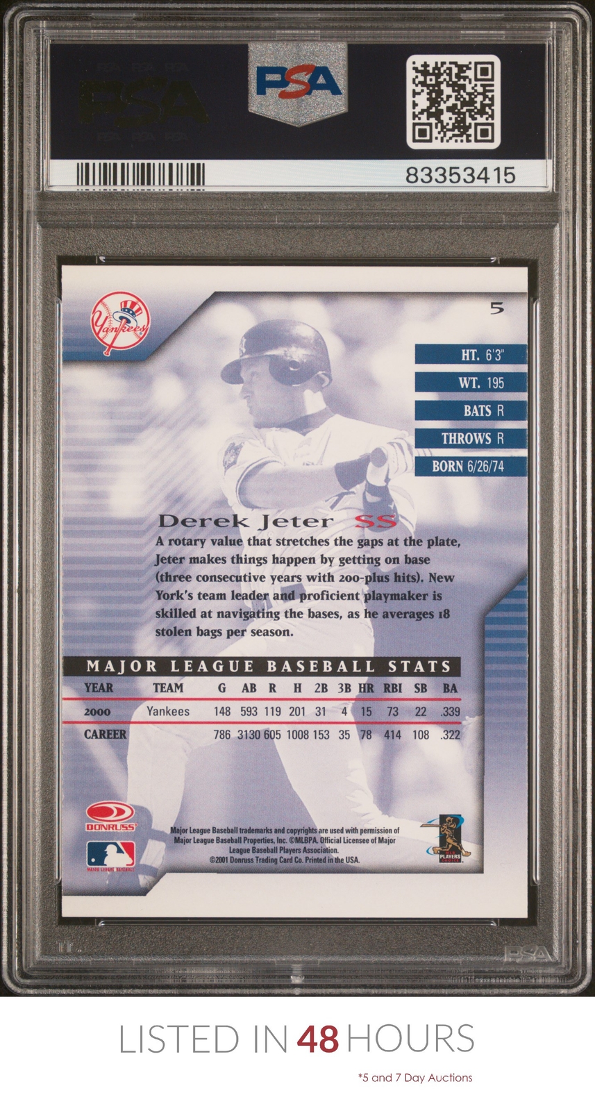 2001 DONRUSS SIGNATURE #5 DEREK JETER YANKEES HOF PSA 10 B3795310-415 ...