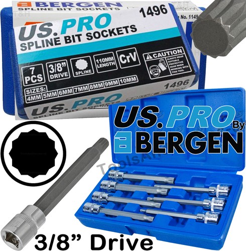 US PRO Extra Long Spline Bit Socket Set 3/8" Dr 12 Point Triple Square ...