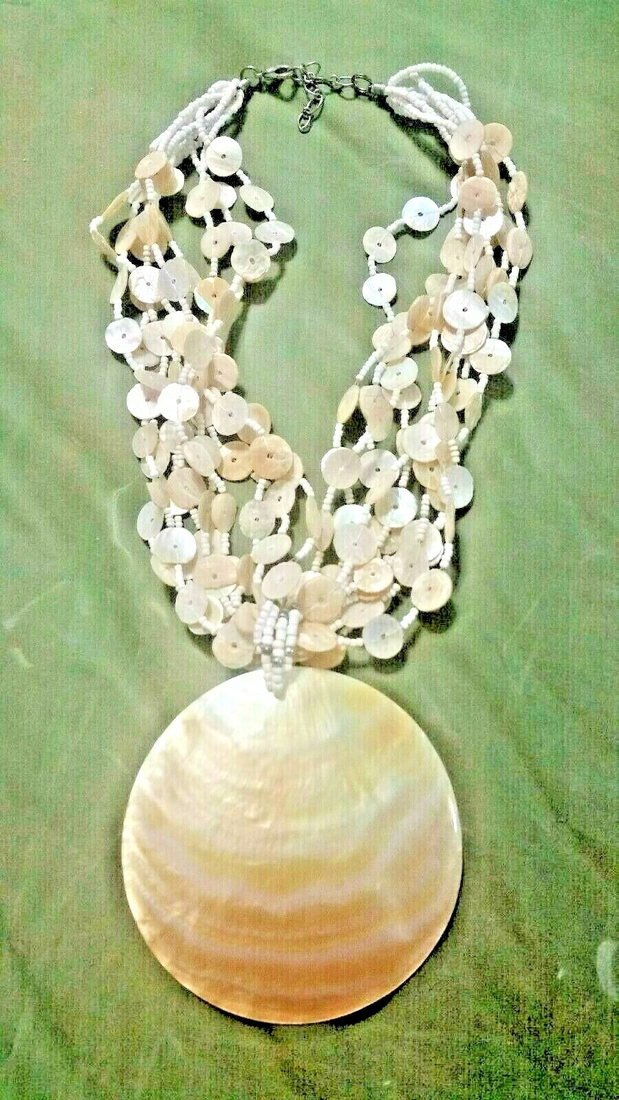 Beautiful LARGE 4" Capiz Shell Pendant Necklace w/ Wh… - Gem