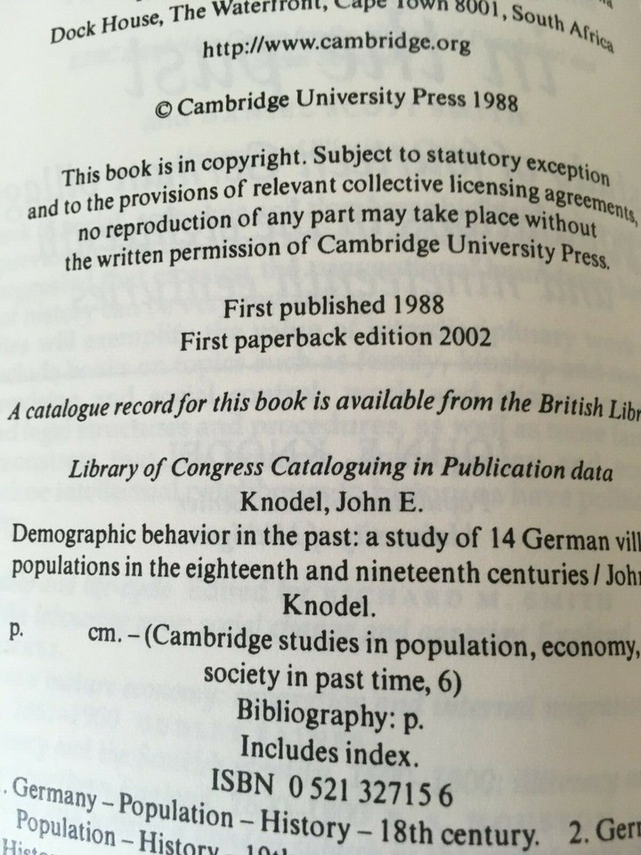 Demographic Behavior In The Past PB Book John Knodel 14 German Village ...