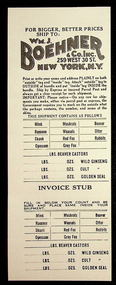 William J. Boehner NY Furs & Ginseng Original Letterhead Envelope & Fur ...