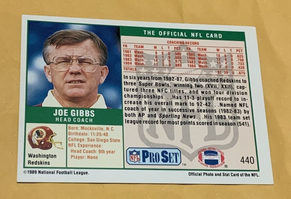 1989 PRO SET 440 JOE GIBBS PERFECTLY AUTOGRAPHED SIGNED HALL OF FAME ...