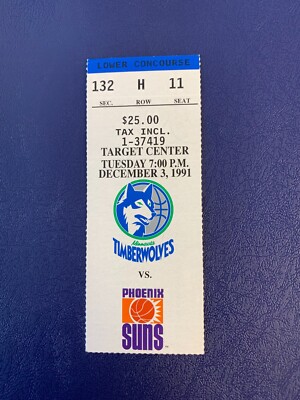 1991 Minnesota Timberwolves Ticket Stub Phoenix Suns 12/3/91 (B) | eBay