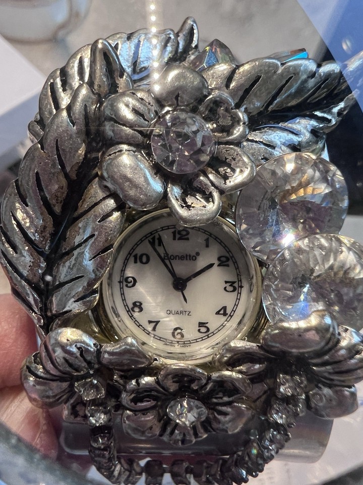 Vintage Bonetto Quartz Watch Silver Ornate Crystals Cuff Analog New ...