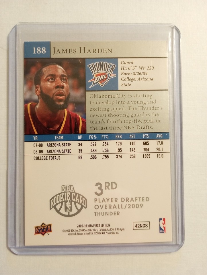 2009-10 Upper Deck First Edition James Harden Rookie Card RC #188 Mint ...
