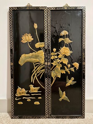 2 x Vintage Asian Art Hangable Wall Panels - Black Lacquer and Mother ...