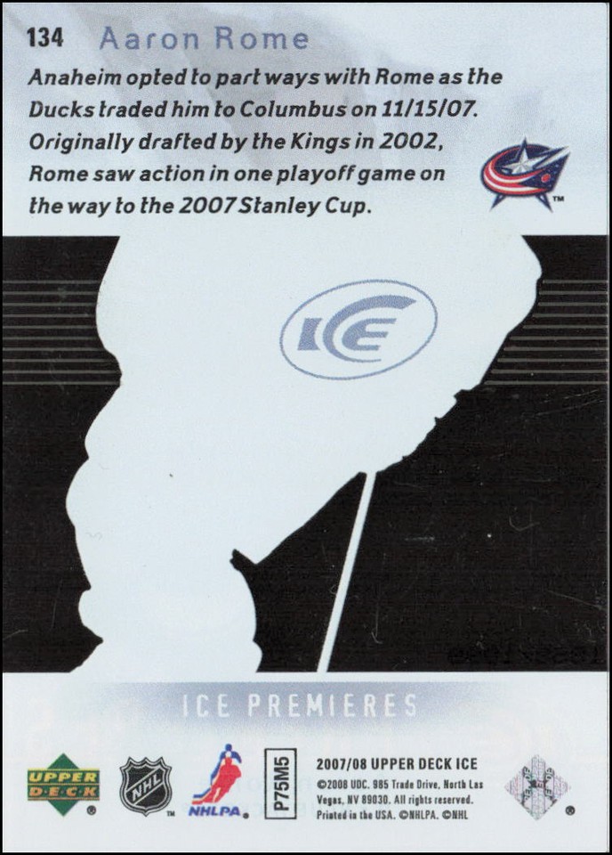 2007-08 Upper Deck Ice #134 Aaron Rome Columbus Blue Jackets Rookie #/1999 | eBay