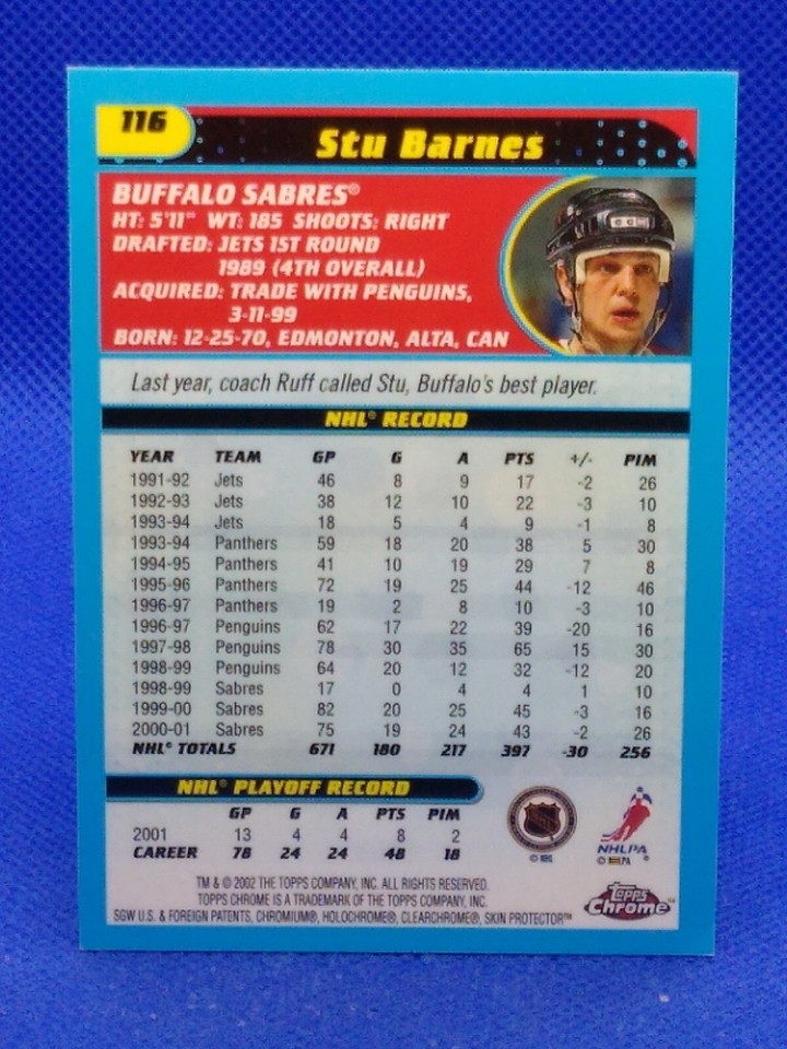 Stu Barnes 2001-02 Topps Chrome #116 PERSONAL AUTOGRAPH Buffalo Sabres ...