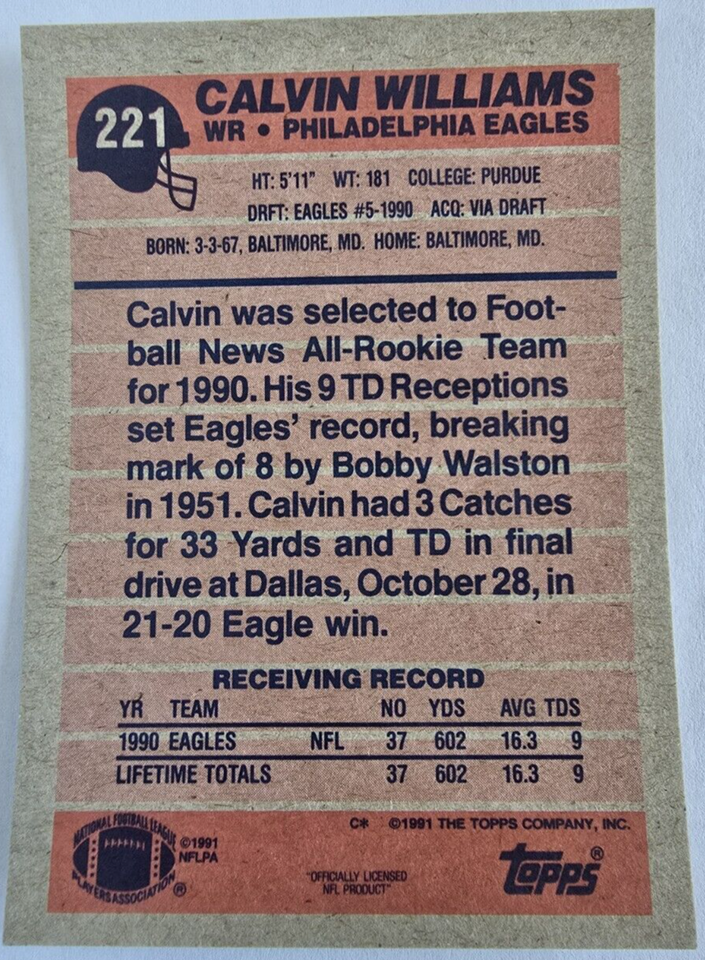 Calvin Williams, 1991 Topps Rookie, Philadelphi Eagles, Wide Receiver ...